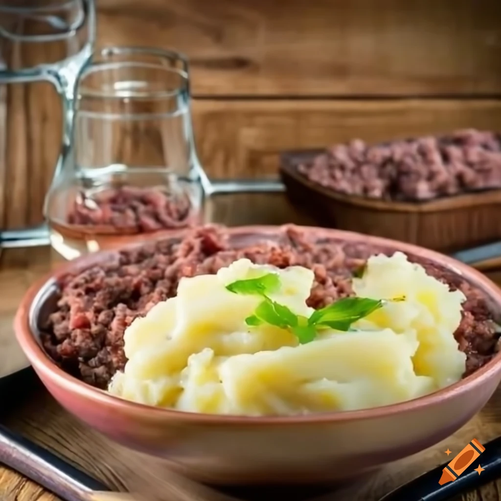 Delicious bowl of mashed potato with minced meat on Craiyon