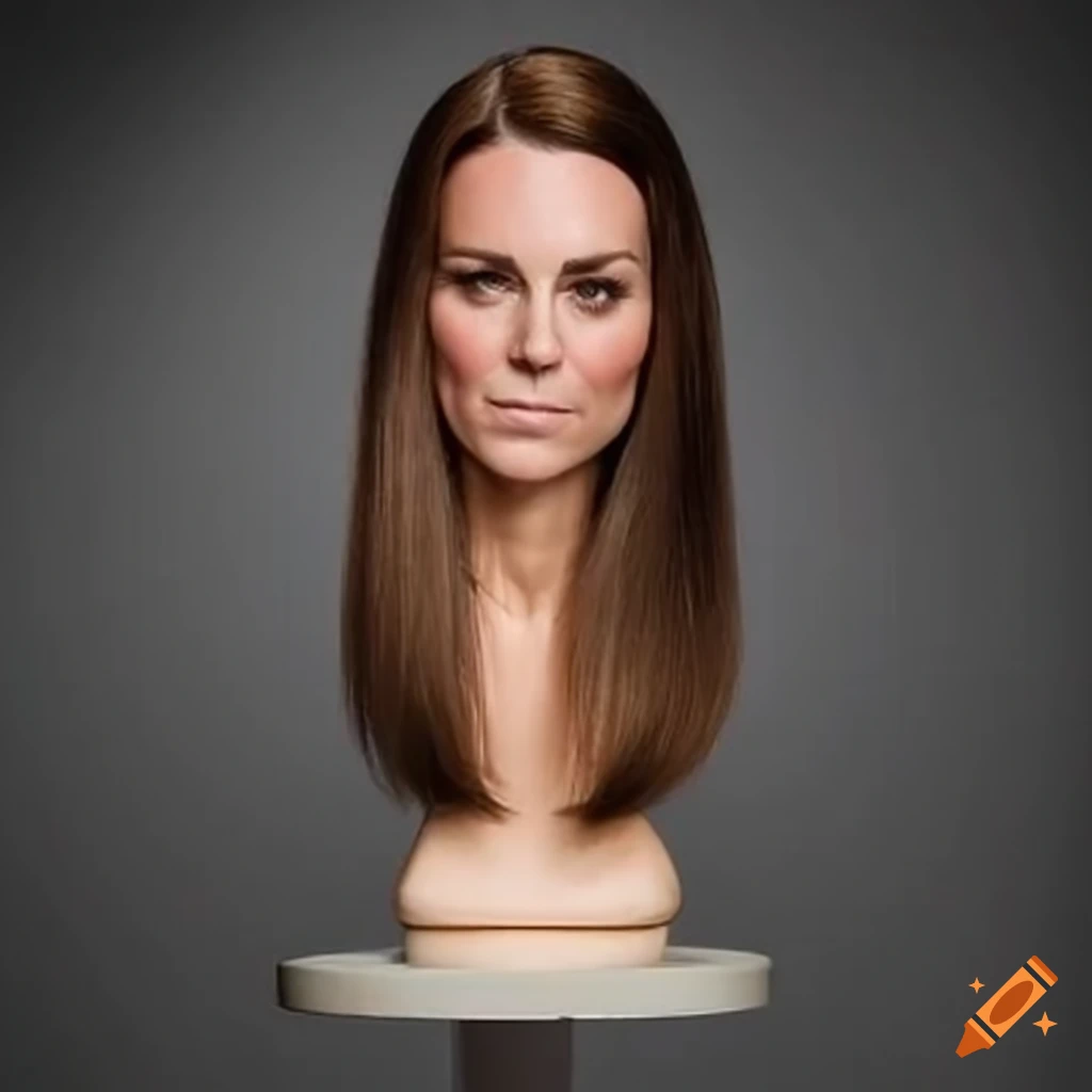 Stylist trimming hair of a lifelike Kate Middleton styling head on Craiyon