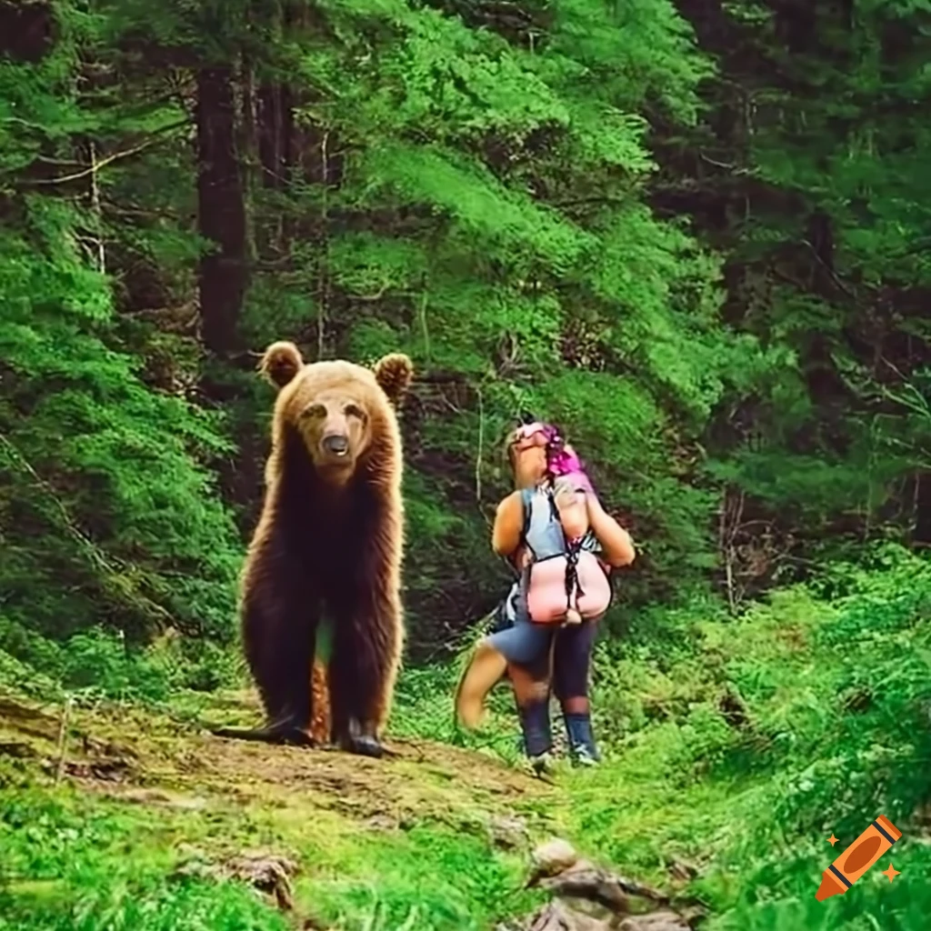 Bear and two women hiking in nature on Craiyon