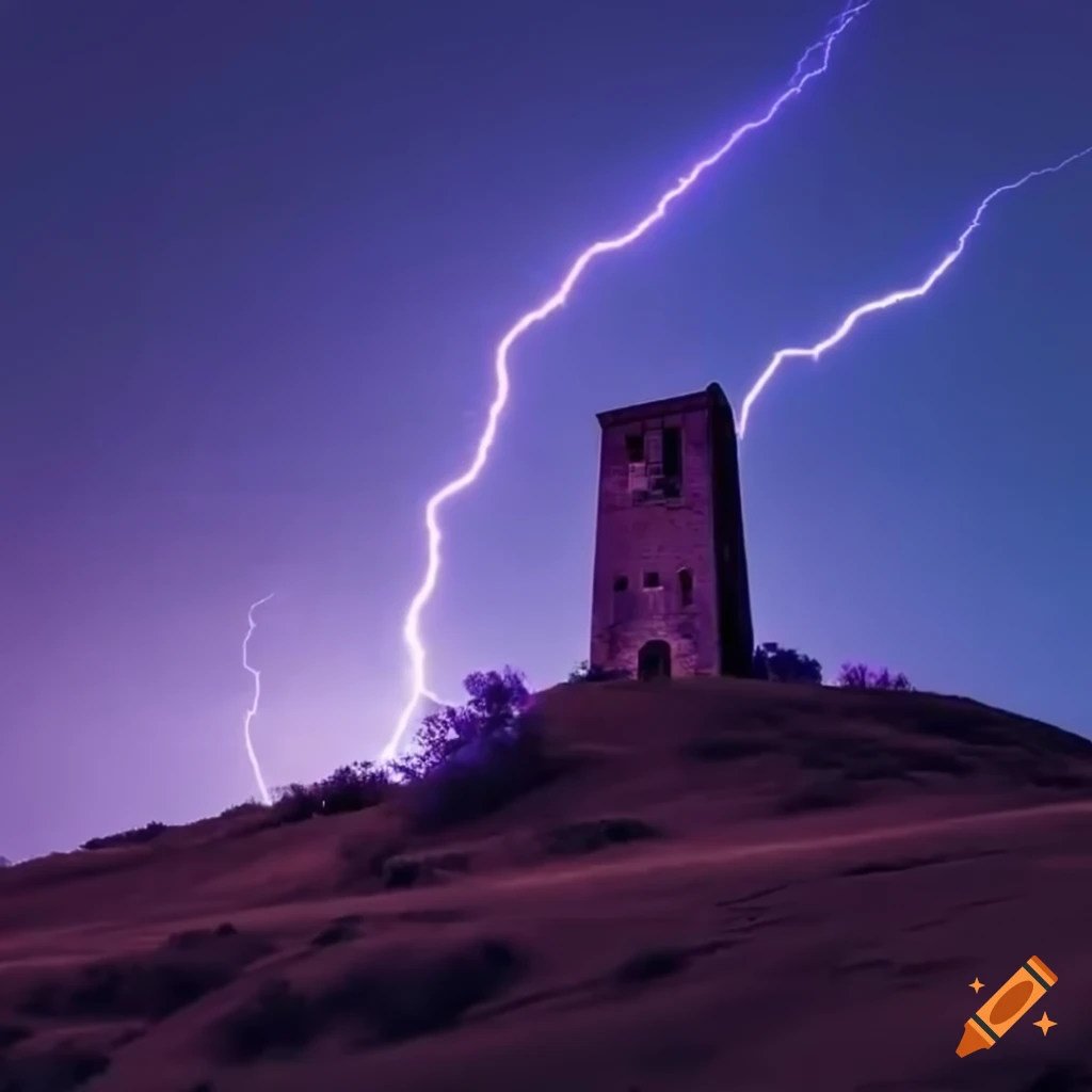 Purple and blue lit ancient tower being struck by lightning on Craiyon