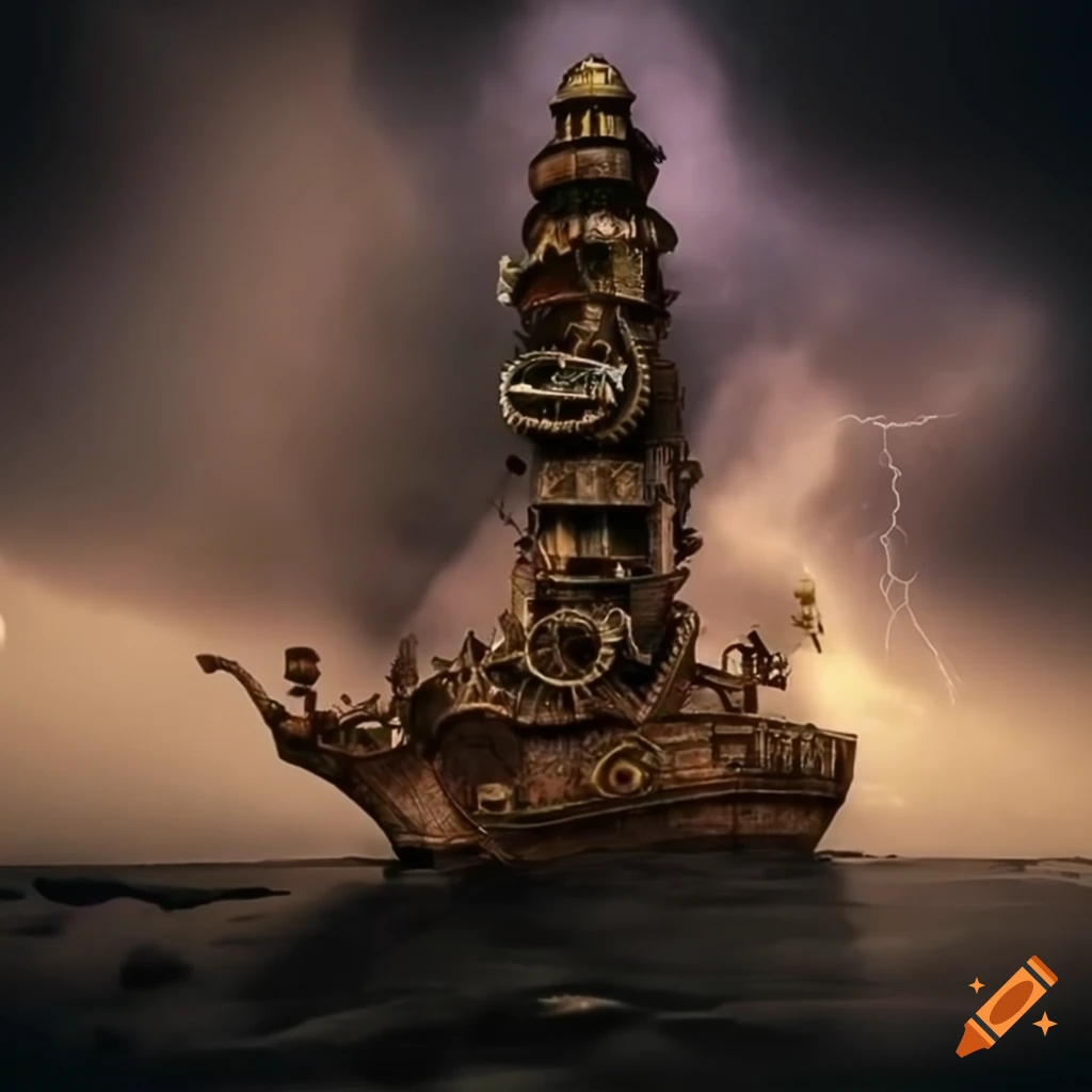 Surreal steampunk artwork with giant boat and thunderous sky on Craiyon