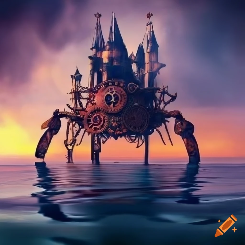 Surreal steampunk artwork with giant boats on a beach
