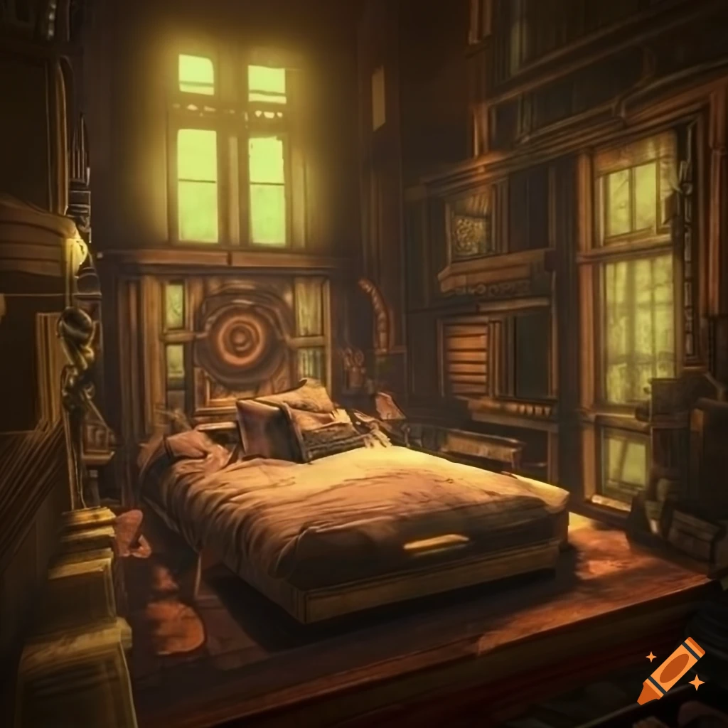Luxurious dieselpunk-themed bedroom in bioshock rapture