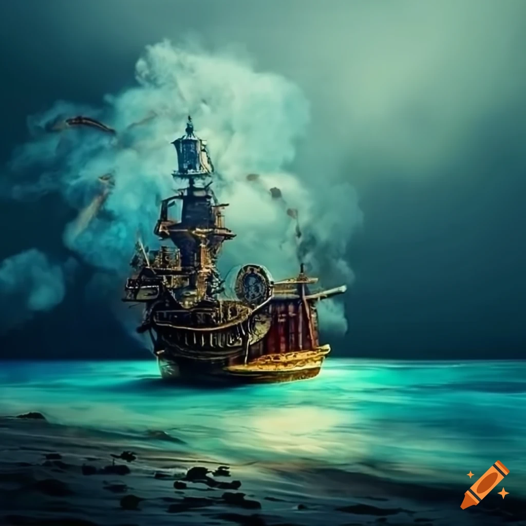 Surreal steampunk artwork with machines and crabes on the beach on Craiyon