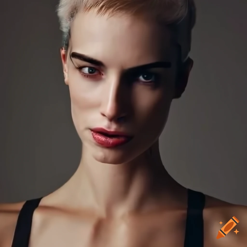 Futuristic portrait of a strong athletic woman with short hair on Craiyon