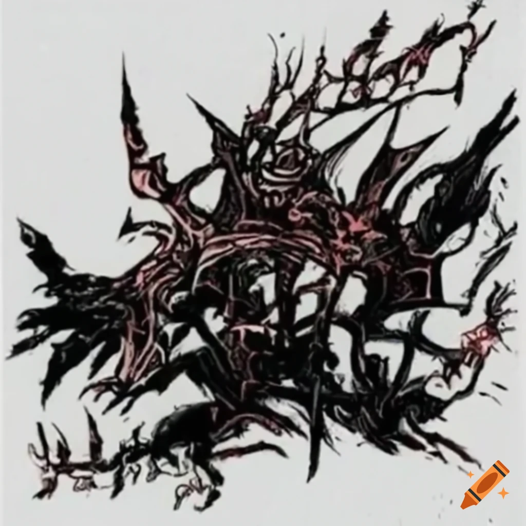 Abstract fantasy artwork of a spikey blade with black font on Craiyon