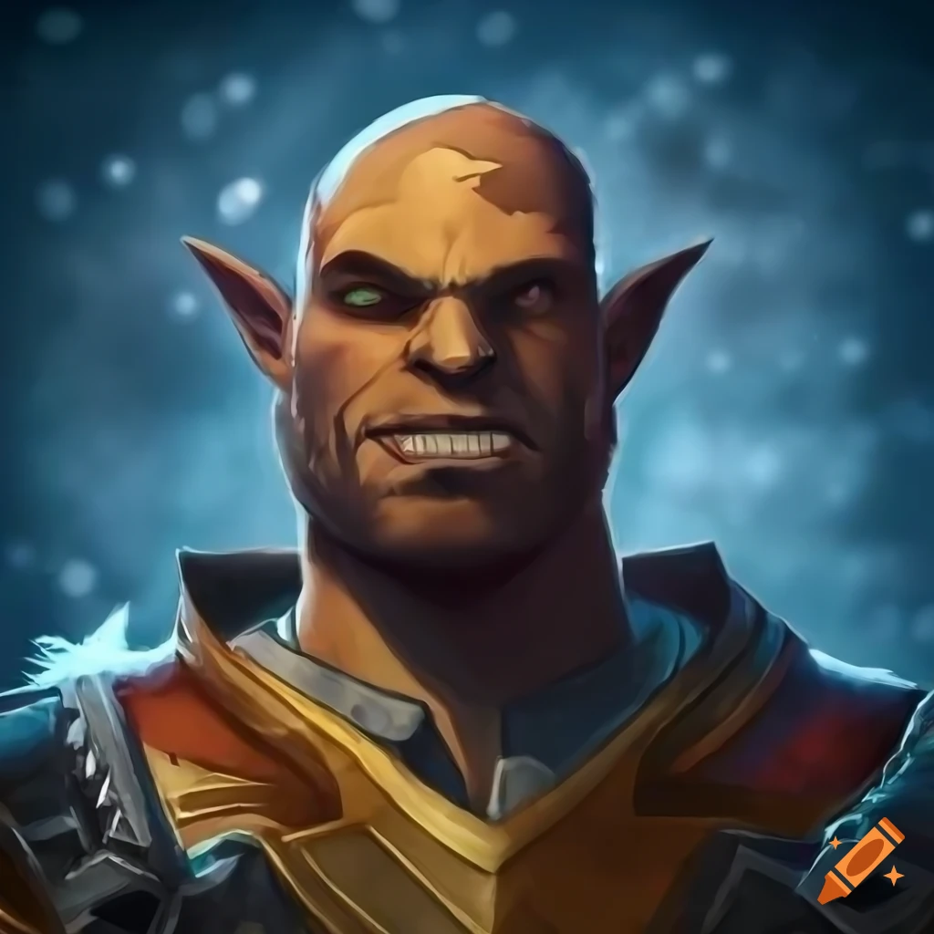 Portrait of a handsome male half-orc in red and gold armor on Craiyon