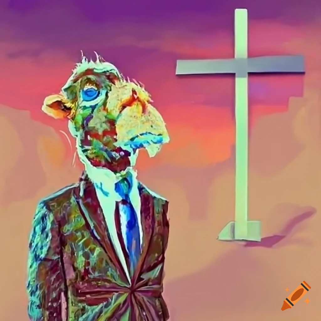 Surreal painting of a camel in a business suit with a cross in the ...