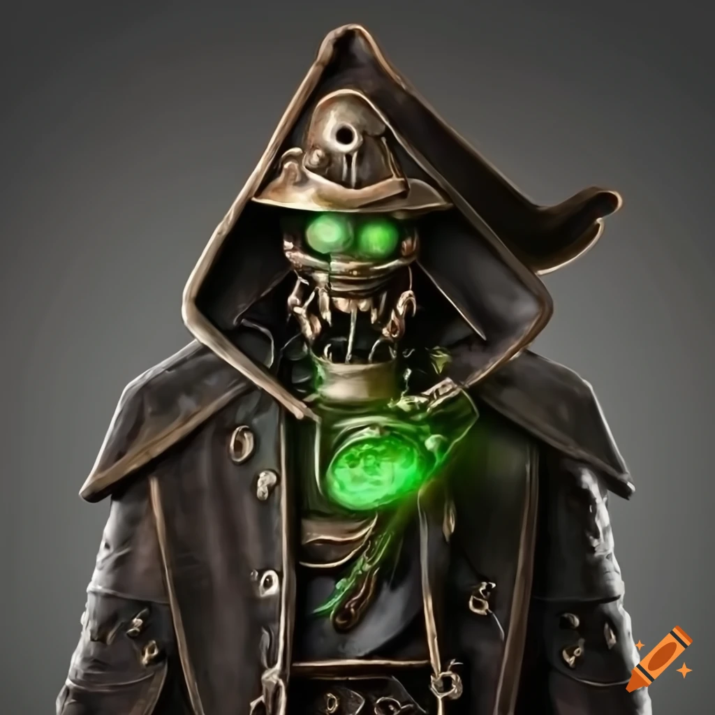 Bronze and glass robot pirate in black coat and hat on Craiyon