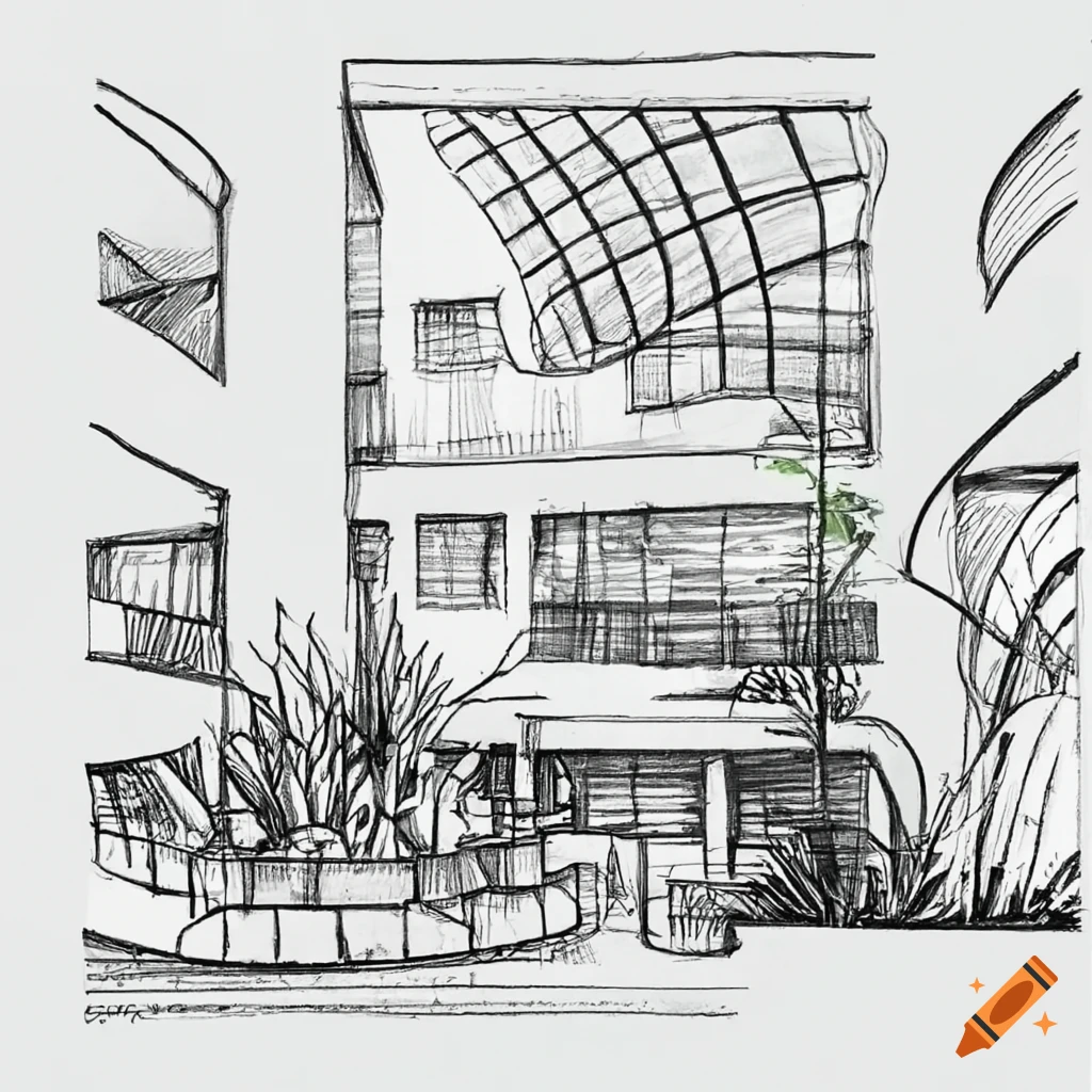 Sketch of an atrium seating area in a school with plants on Craiyon