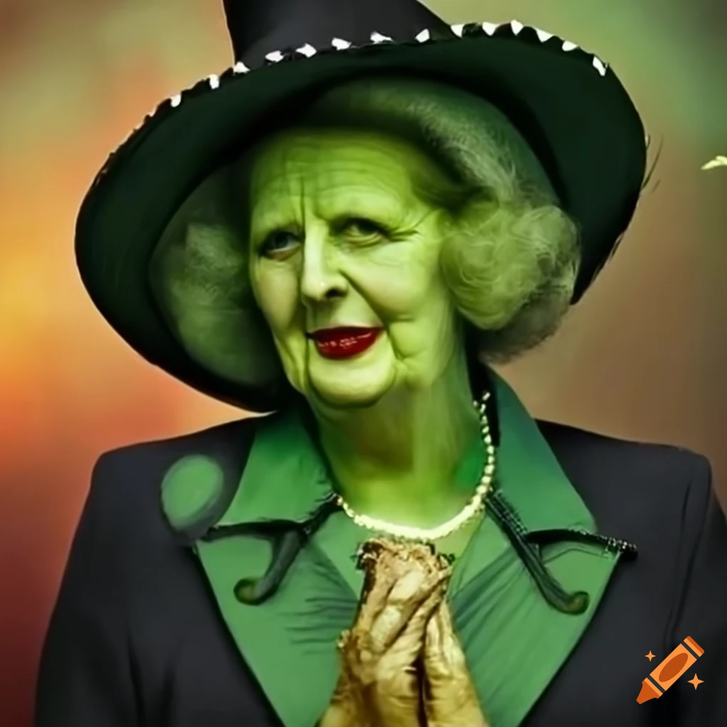 Satirical artwork depicting margeret thatcher as a green witch on Craiyon