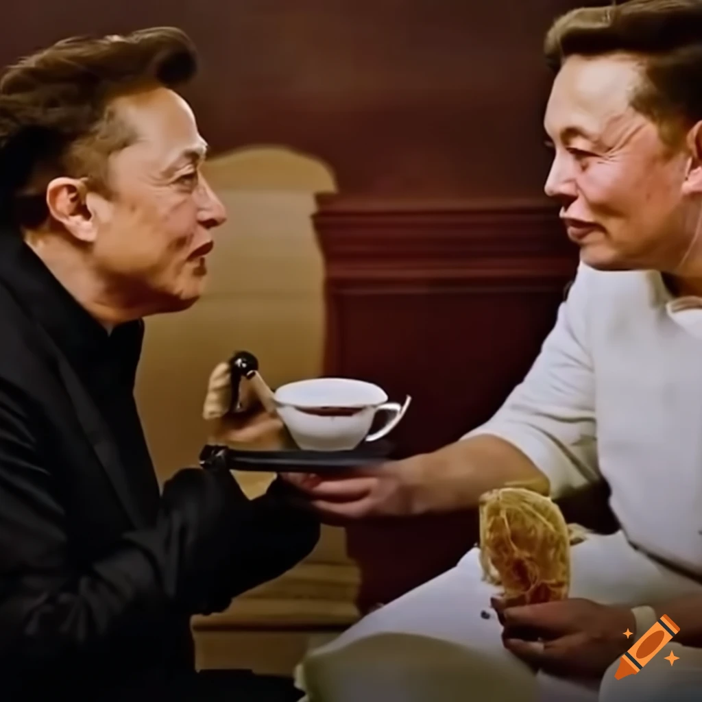 Narendra Modi and Elon Musk having tea on Craiyon