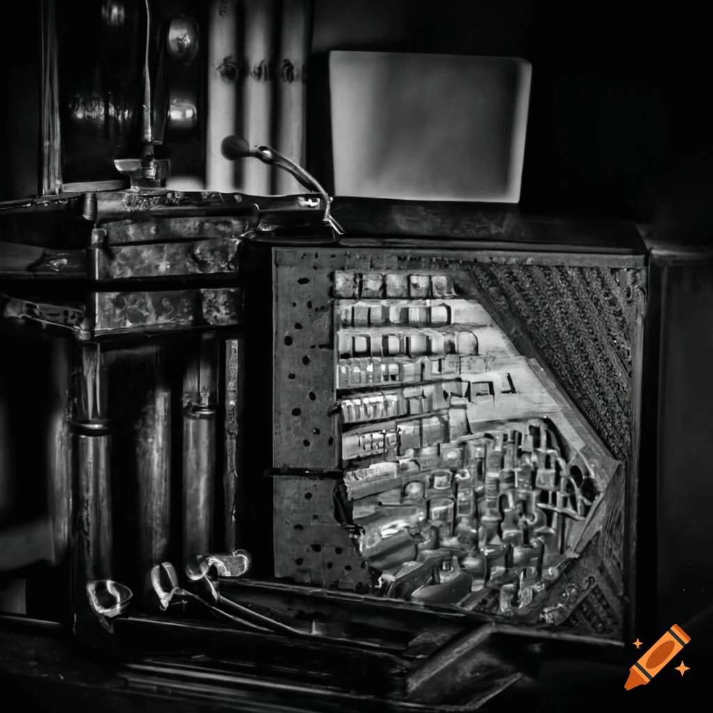 Black and white image of a primitive computer percussion machine on Craiyon