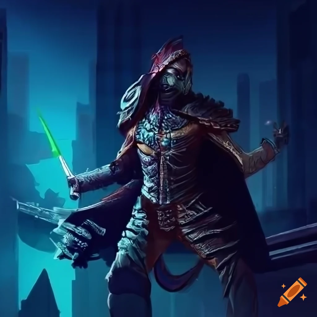 Cyberpunk concept art of a lizard warrior with a curved sword on Craiyon