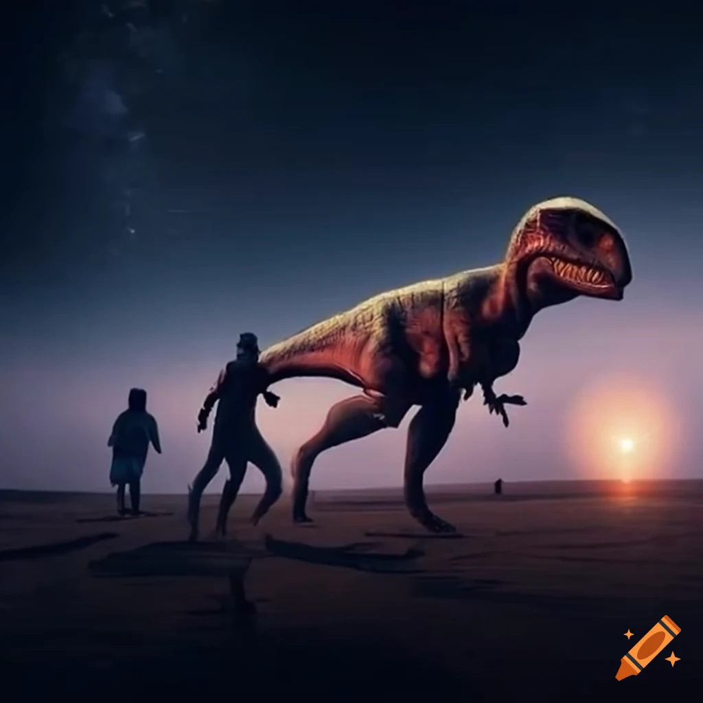 People riding dinosaurs on an alien planet