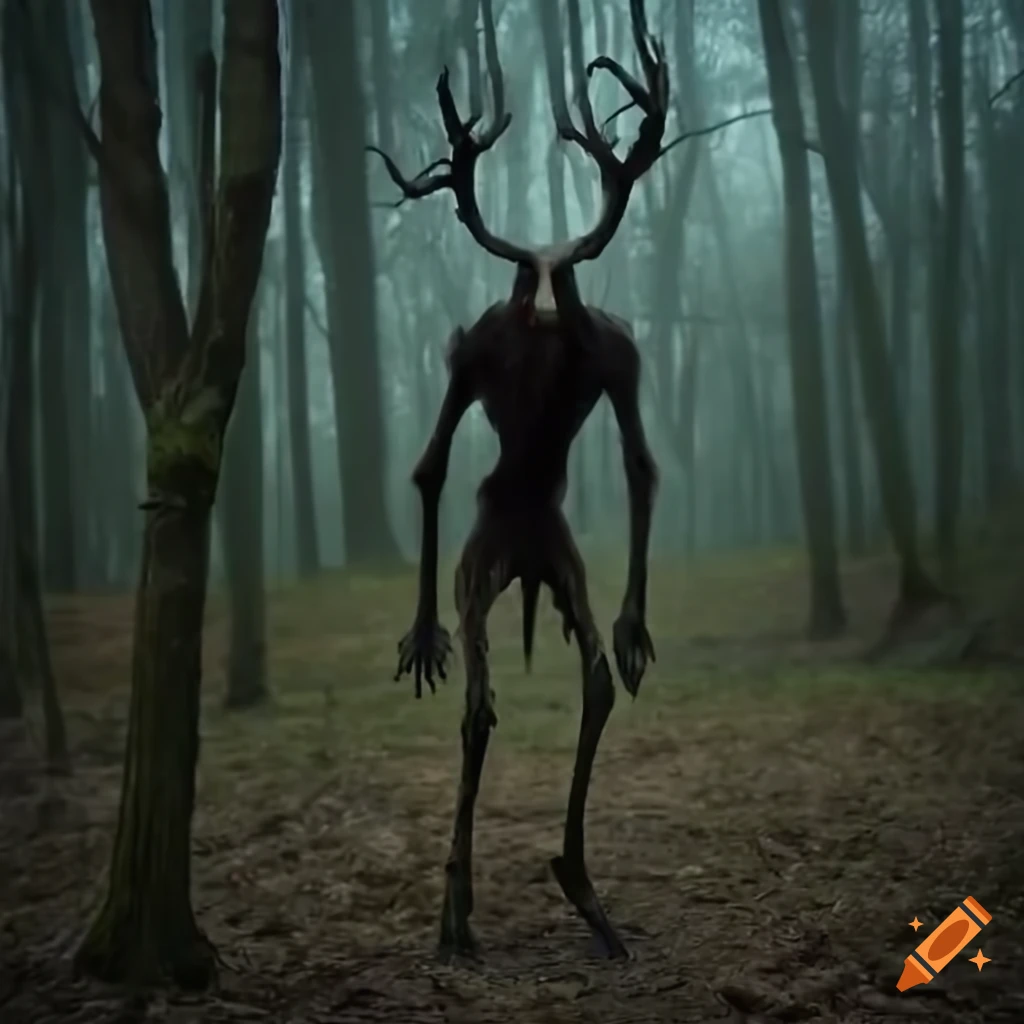 Illustration of a scary wendigo in a dark forest