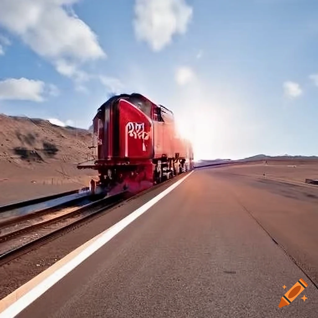 Train in motion raising dust on Craiyon