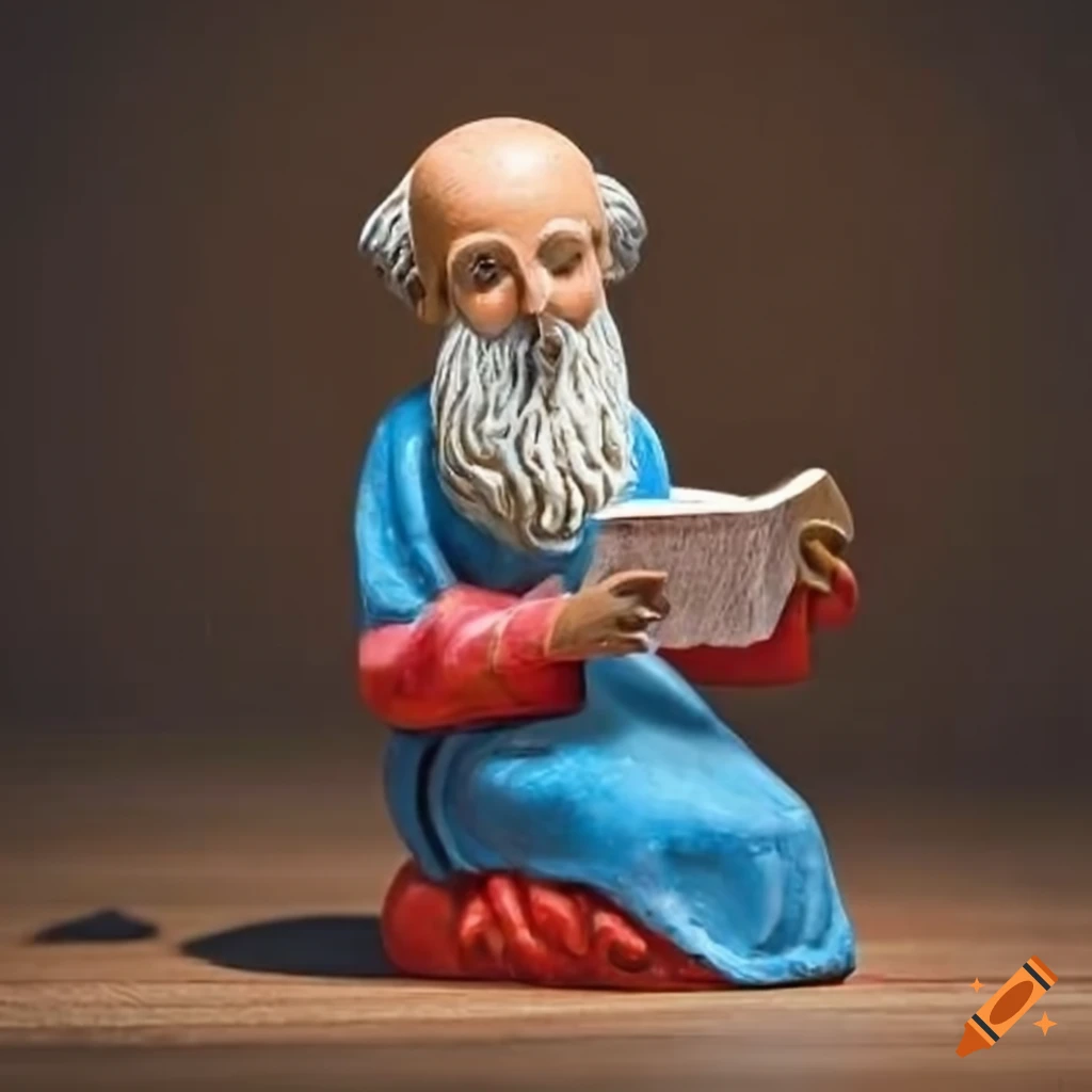Painted wooden toy of an apostle reading on Craiyon