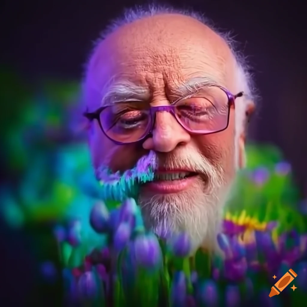 Happy harold enjoying a sunny day with rainbow and flowers