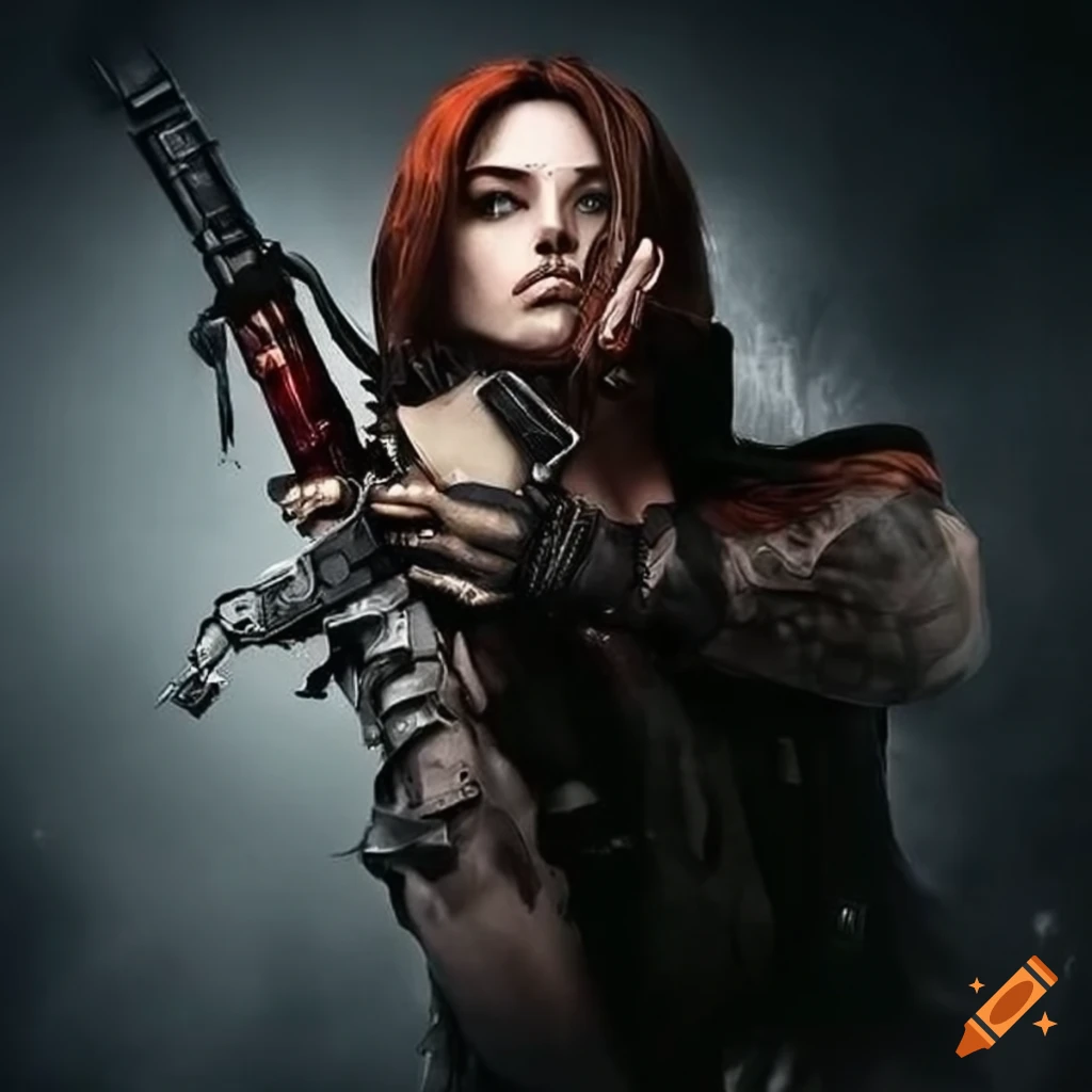 Pink-haired cyborg girl with sniper rifle in a tactical setting on Craiyon
