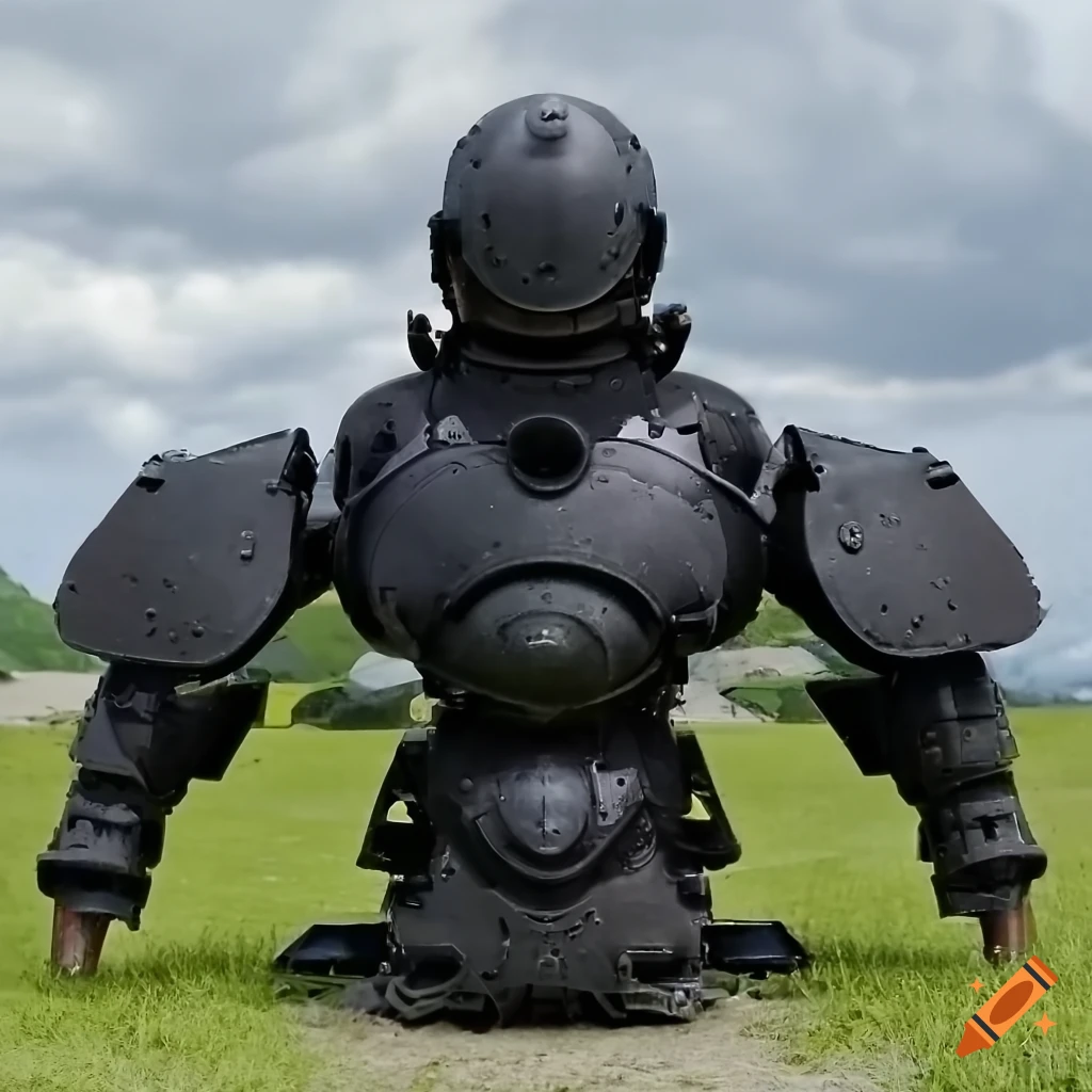 Medieval robot in trench warfare striking a cool pose with weapons on ...