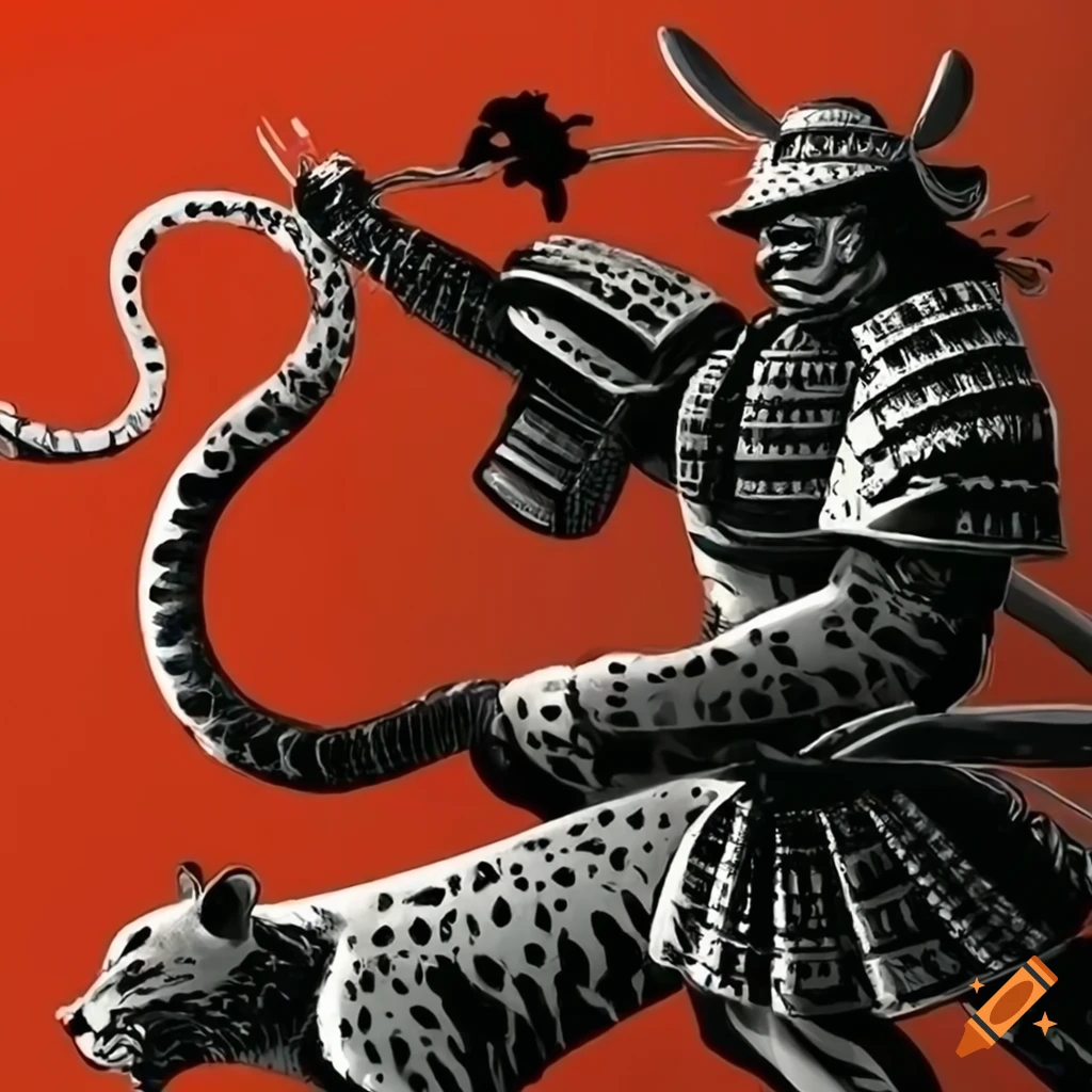 Japanese style artwork of a samurai fighting a panther