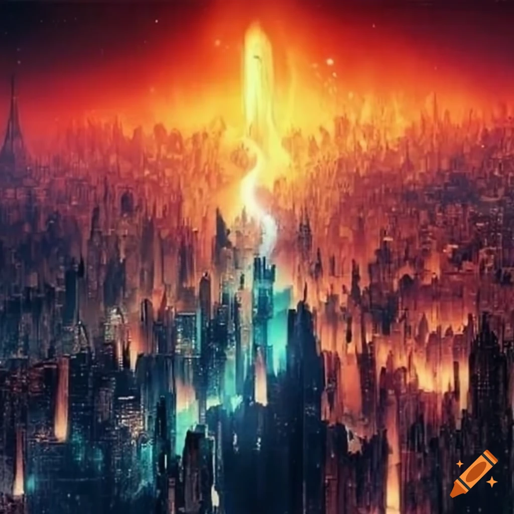 Artwork depicting a bustling metropolis of humans and fantastical ...