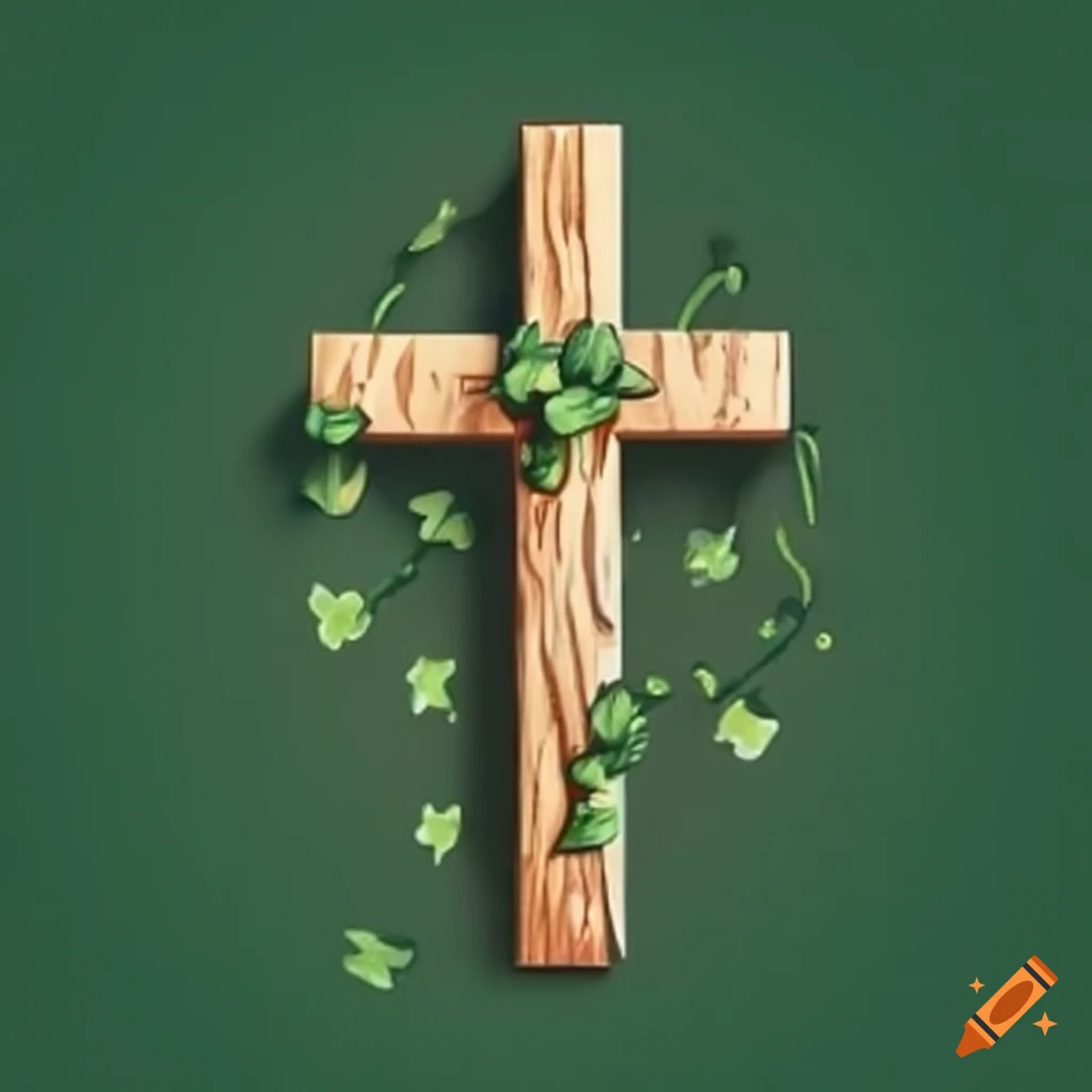 Wooden cross covered in clovers under the rain