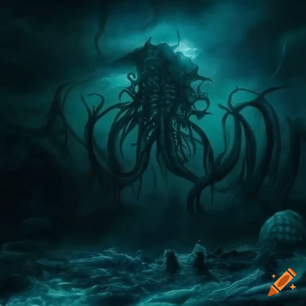 Detailed depiction of Cthulhu rising from the ocean on Craiyon