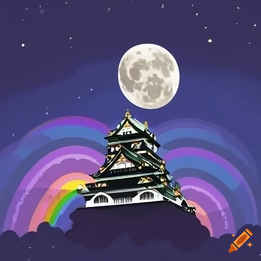 Night view of osaka castle under a rainbow moonlight on Craiyon