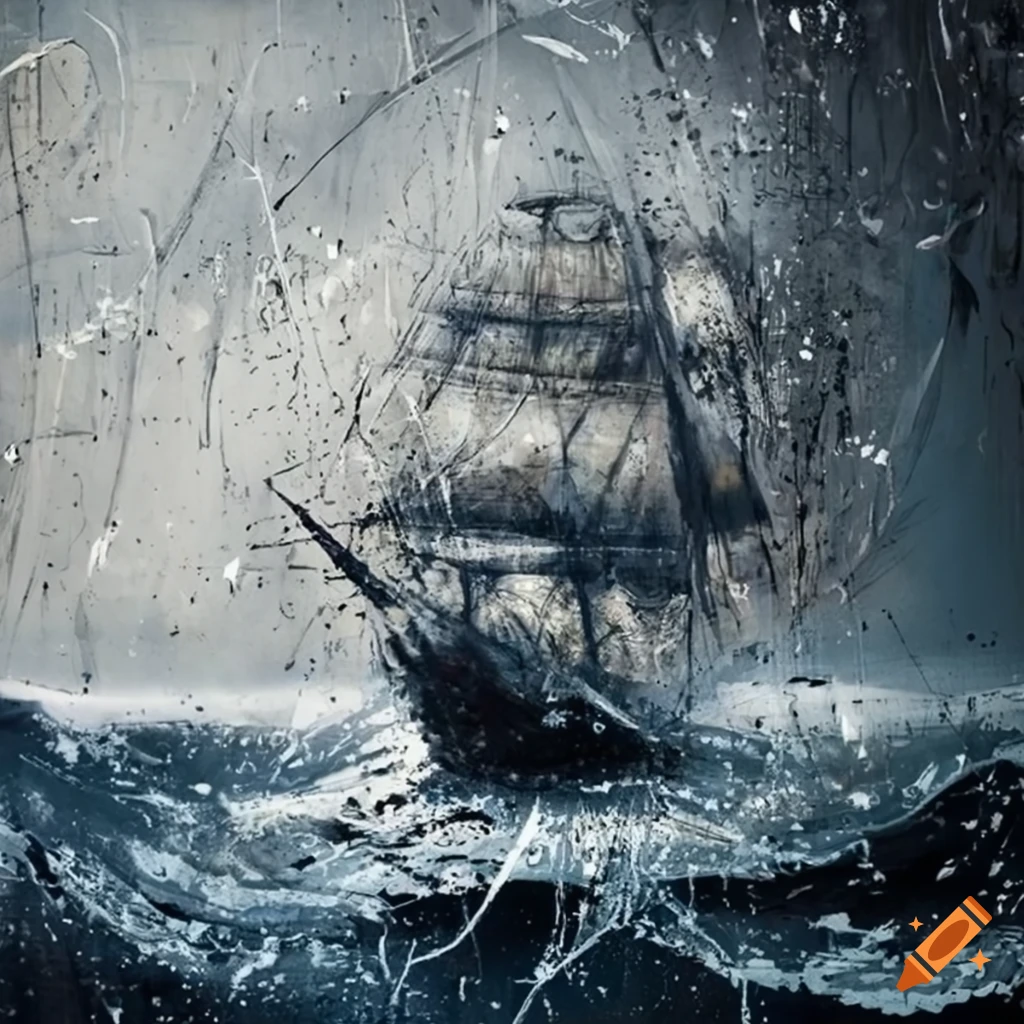 Abstract splatter painting of a ship in a storm with silver, white, and ...