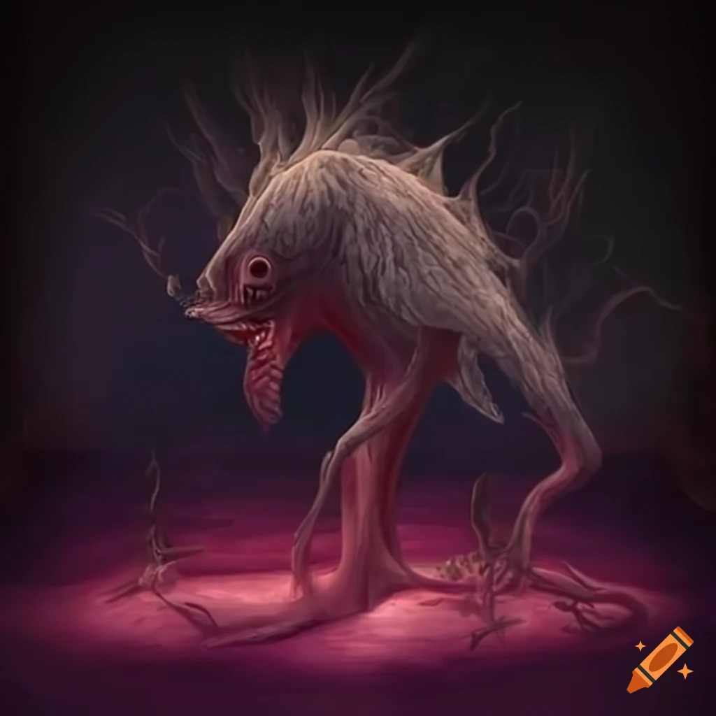 Dark fantasy creature in a pink water pool surrounded by bones