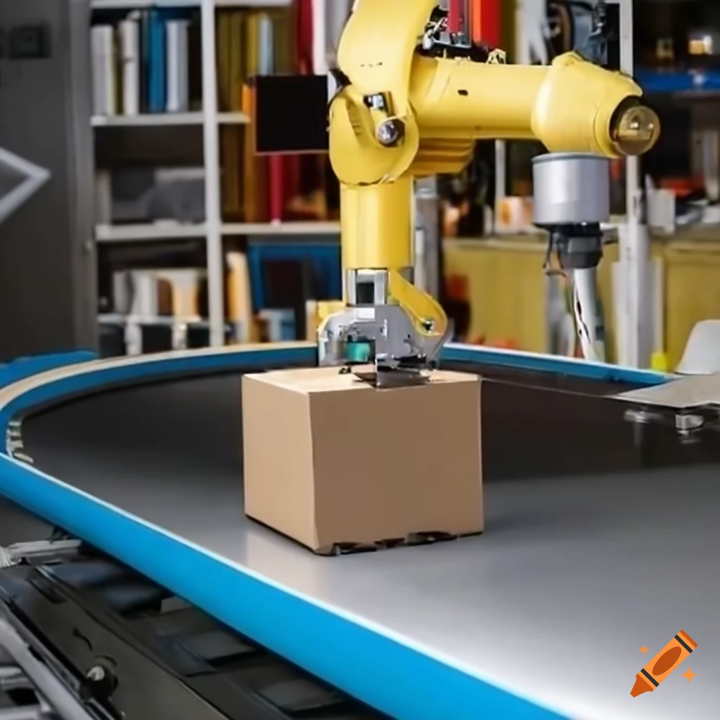 Modern robot arm placing a box on a conveyor belt on Craiyon