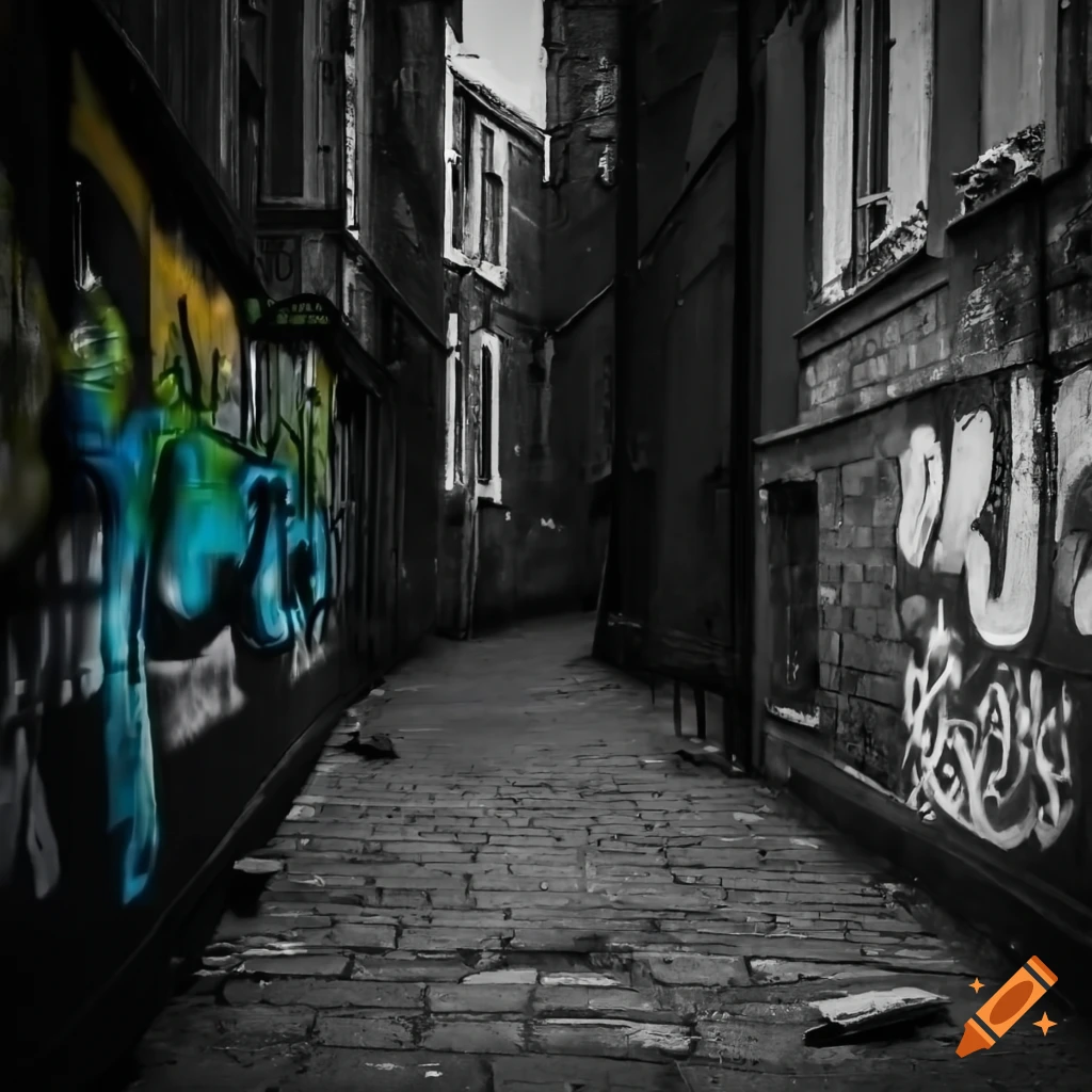 Urban back street with colorful graffiti murals in a city on Craiyon