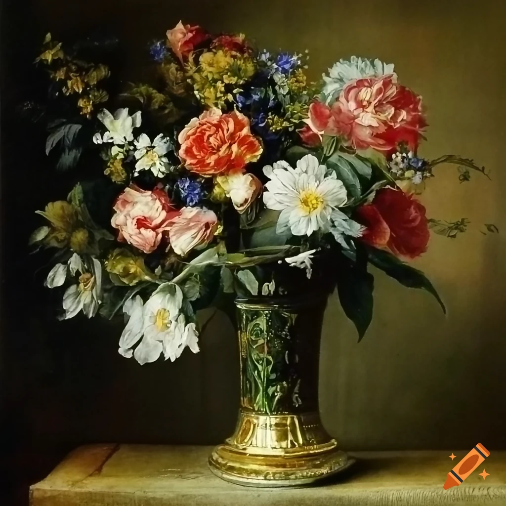 Vase with white and gold flowers in a baroque style on Craiyon