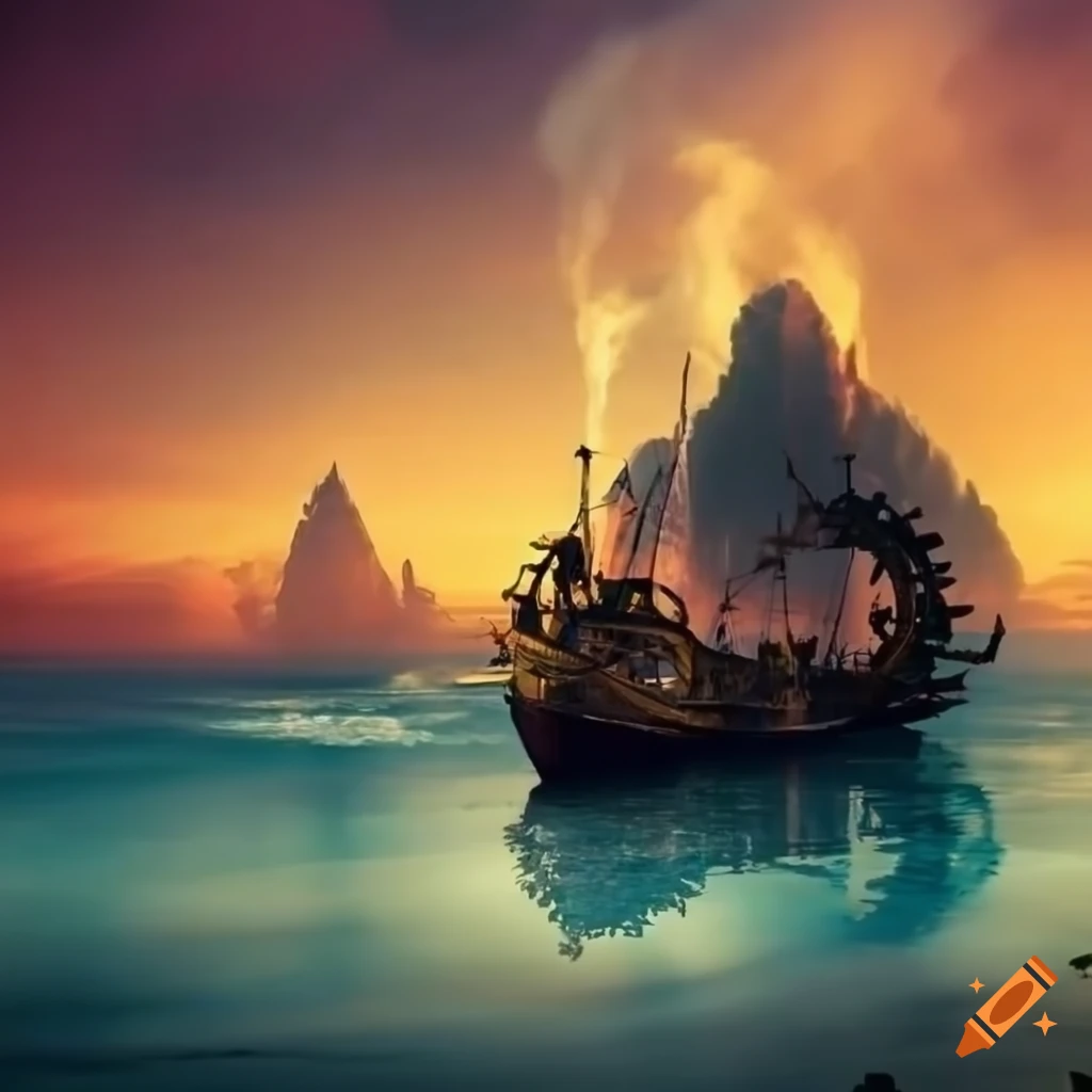 Surreal steampunk artwork with giant crab-like machines on the beach on ...