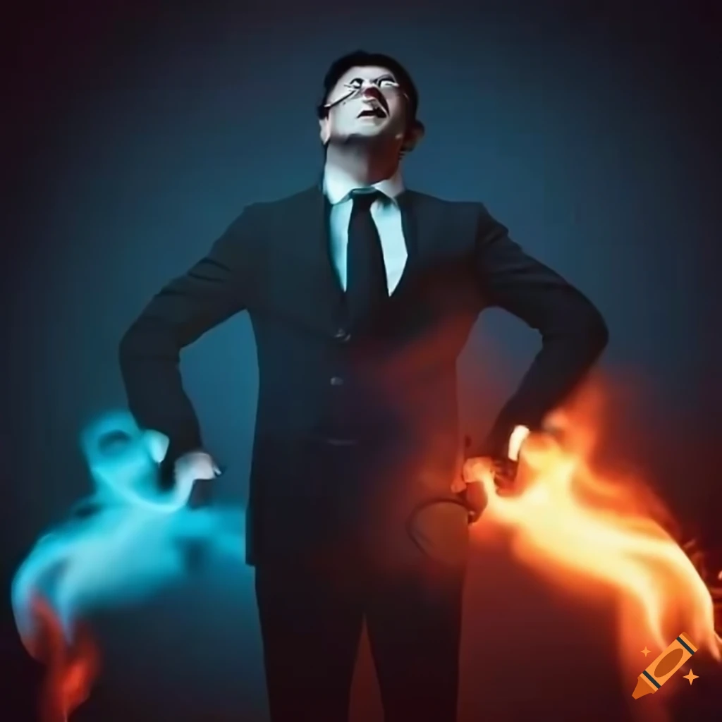 Artistic depiction of a man with red and blue flames on Craiyon