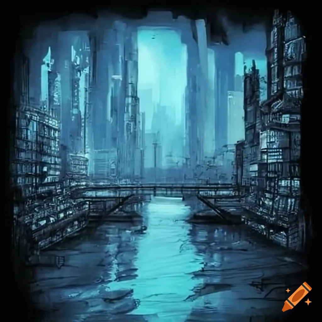 Futuristic cyberpunk cityscape by the water on Craiyon