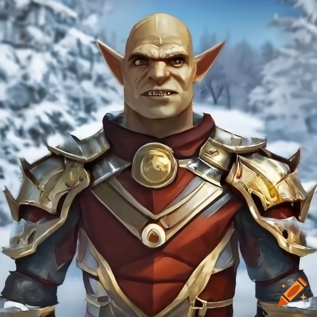 Portrait of a handsome male half-orc in red and gold armor on Craiyon