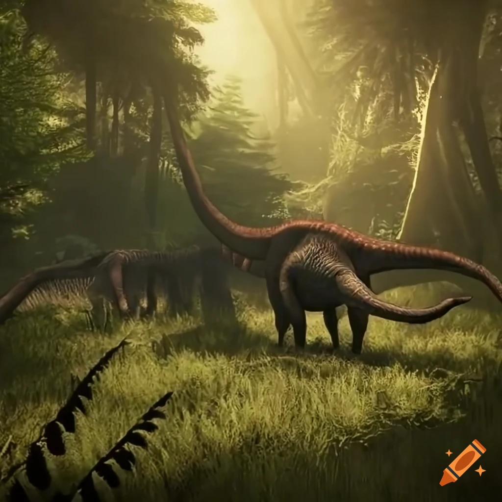 Detailed hadrosaurus dinosaurs in a cedar forest clearing with fern ...