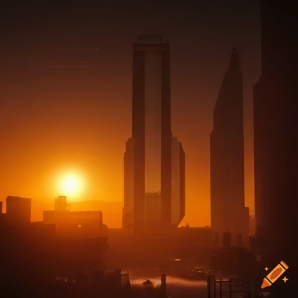 Sunset in a futuristic alien city
