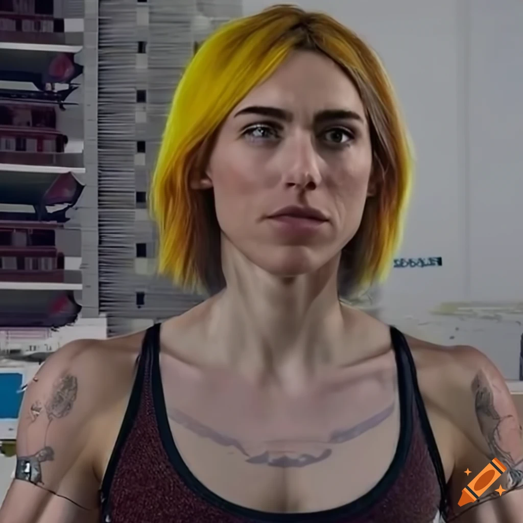 Character design of a futuristic woman with yellow hair