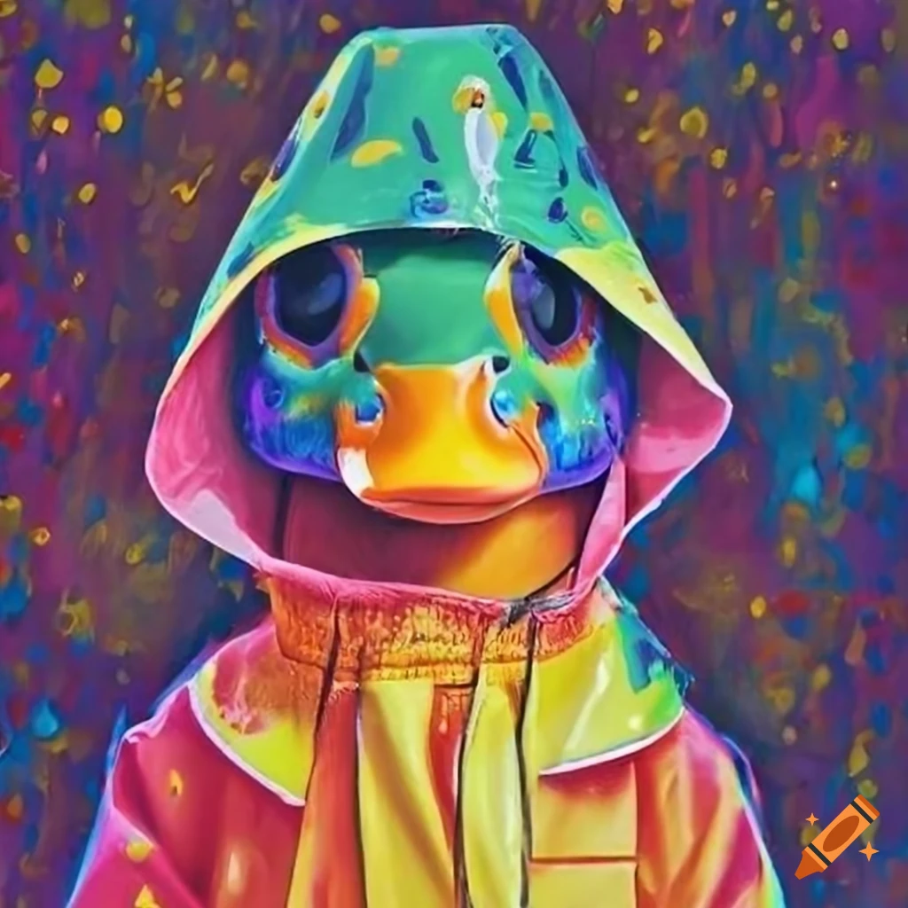 Duck wearing raincoat and rainhat in lisa frank style