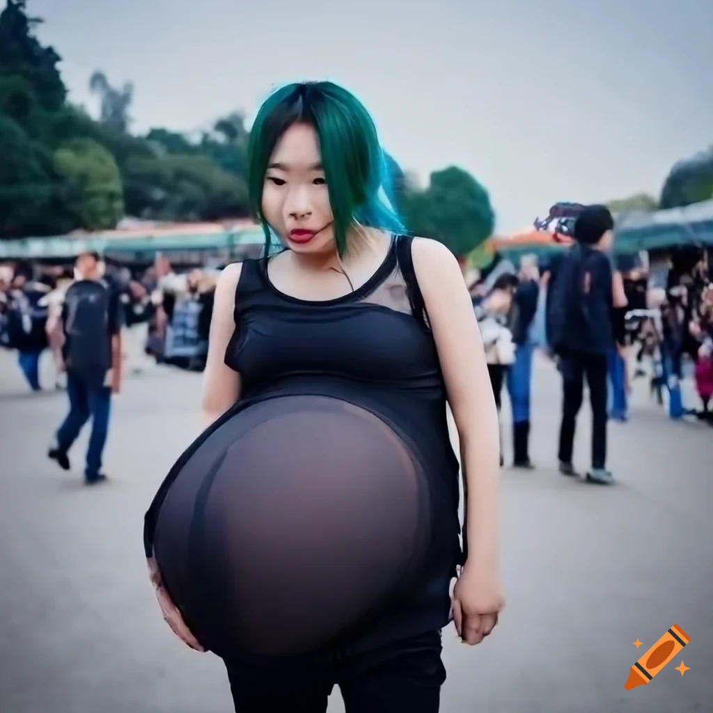Picture Of A Japanese Punk Girl With A Pregnant Belly At A Theme Park