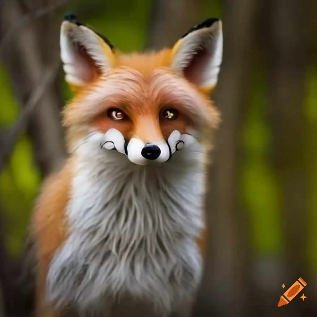 White animatronic style fox behind a tree