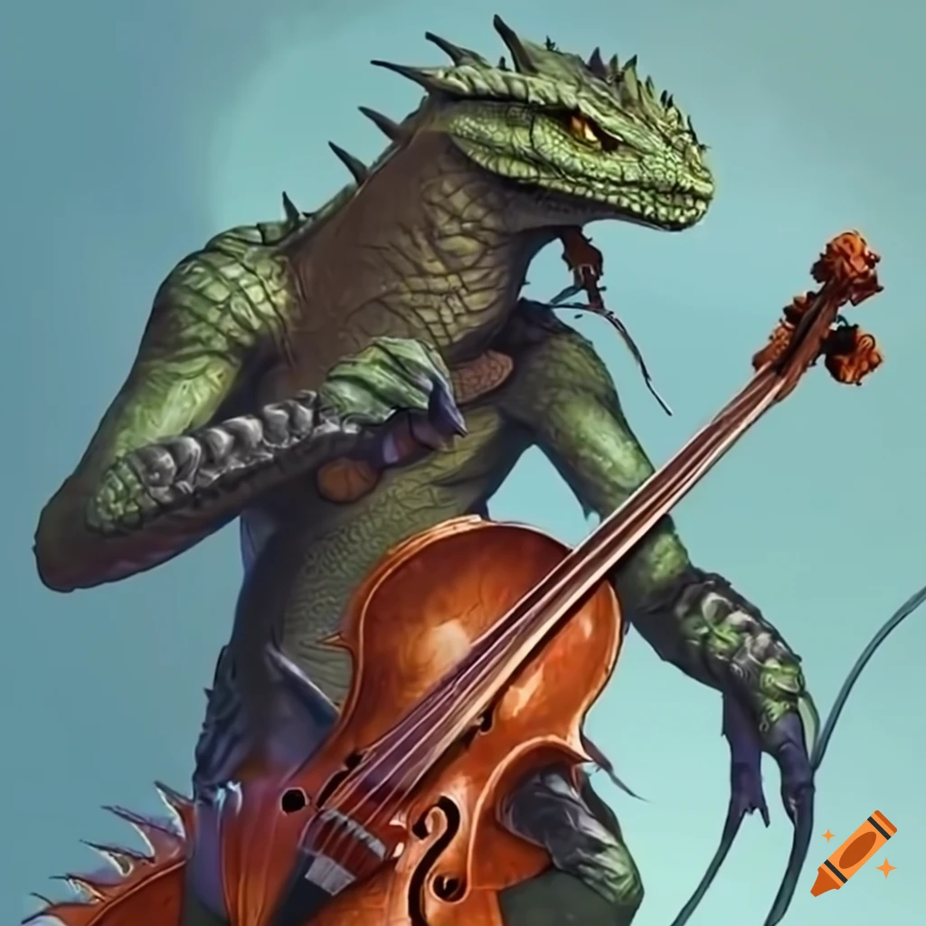 Dragonborn lizard playing the cello on Craiyon