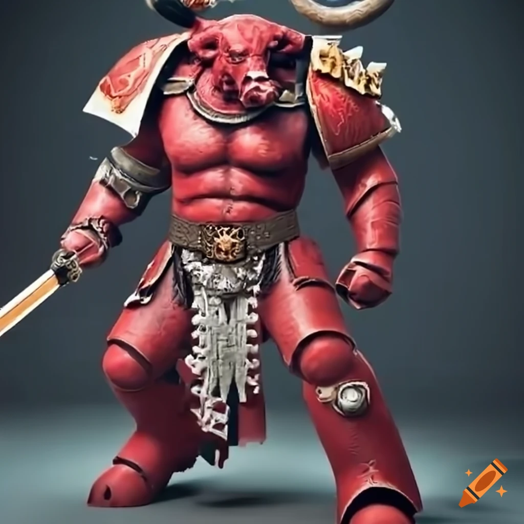 Illustration of a red minotaur in armor with a warhammer