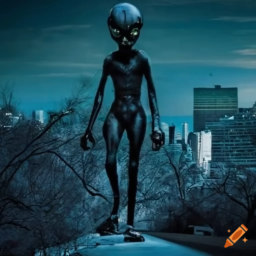 Fluorescent alien riding skateboard in surfing pose under city lights ...