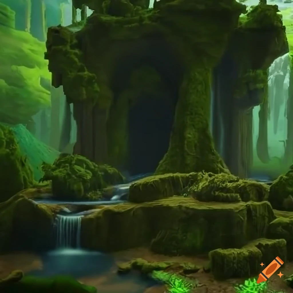 3d game jungle with stone ruins and flowing water