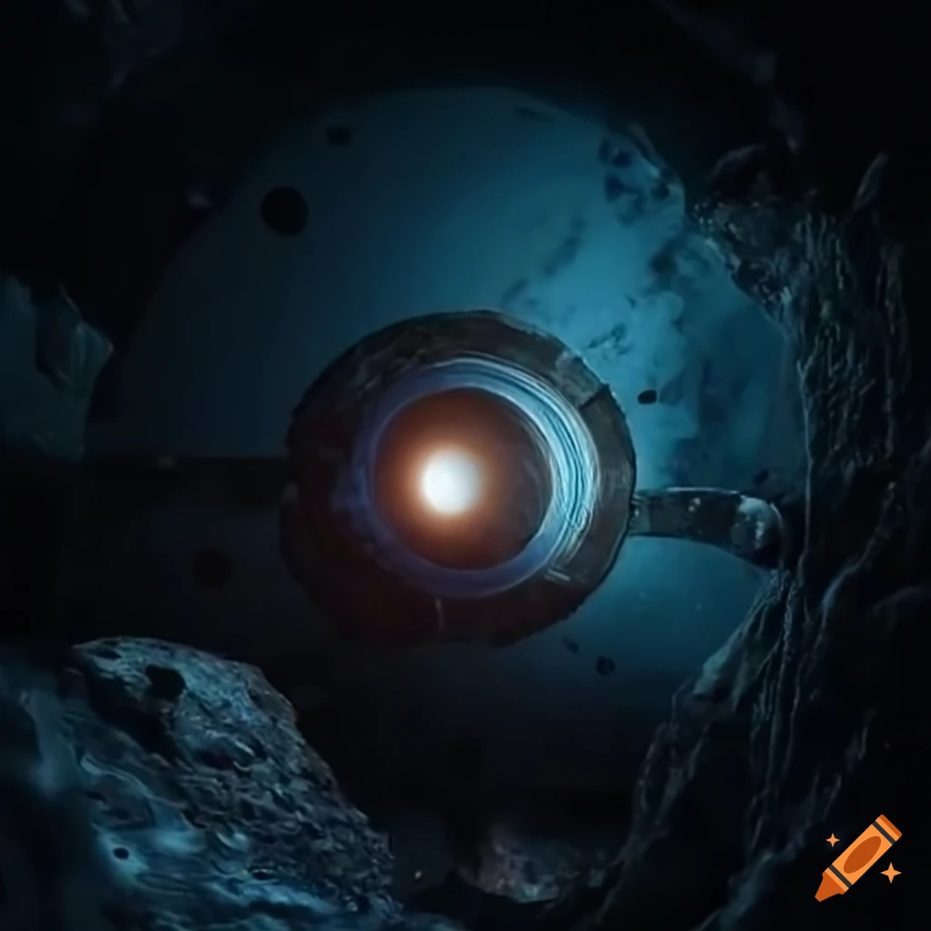 Sci-fi art of mining inside a meteorite in space